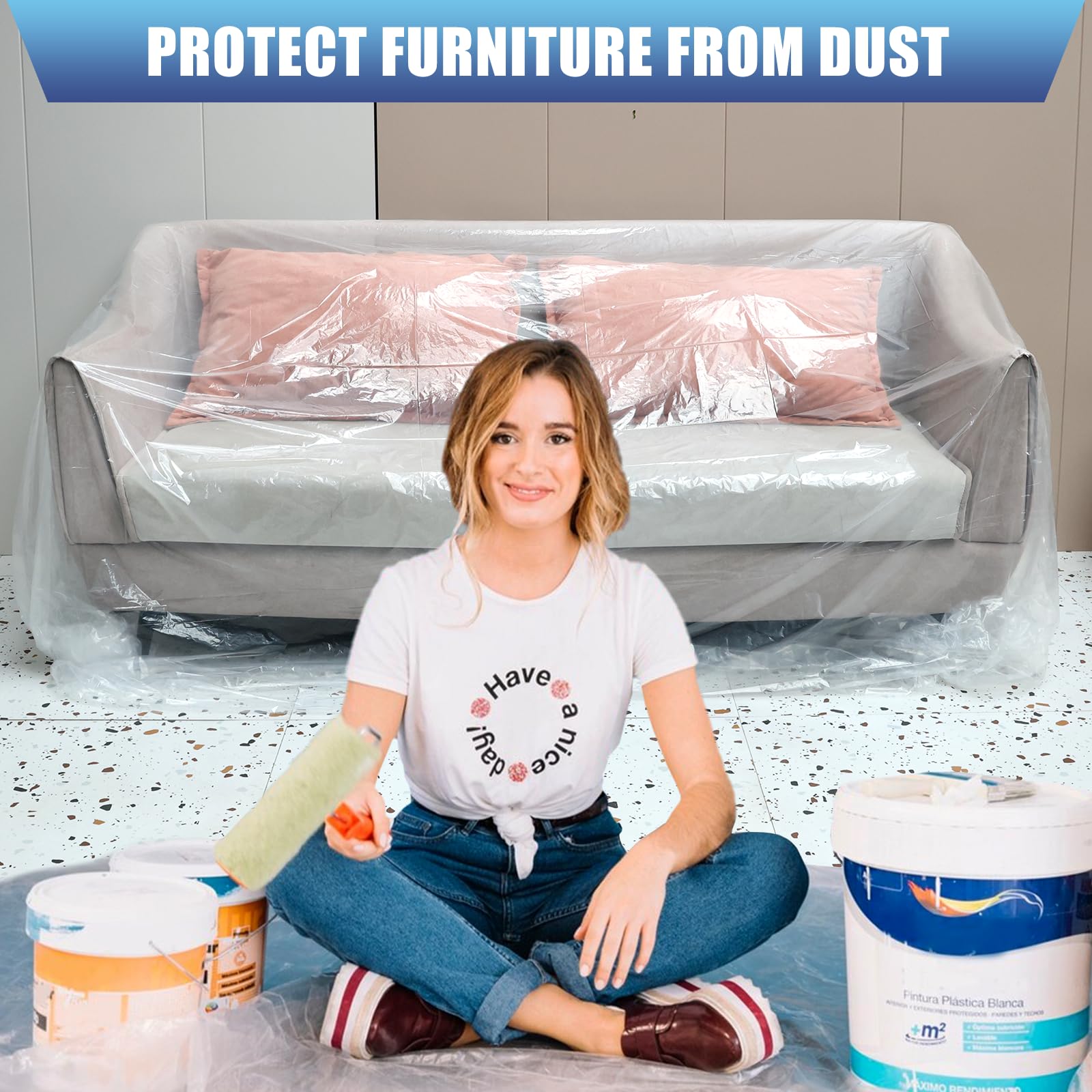 PROWEE 1mil Clear Plastic Drop Cloth for Painting 9-Feet x 12-Feet Painters Plastic Drop Cloth，Waterproof & Dustproof Polyethylene