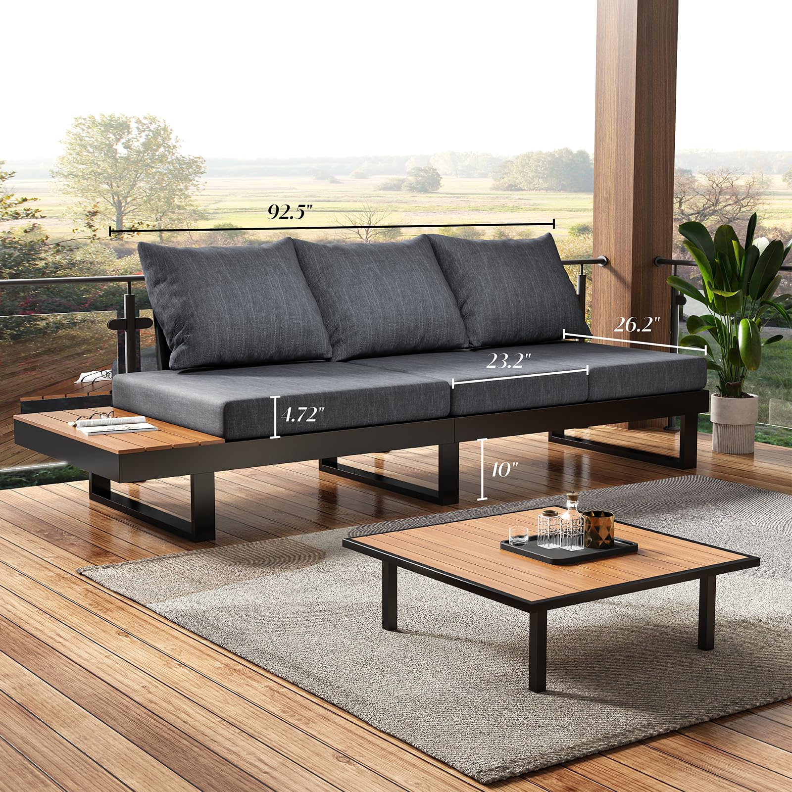 LUXOAK 3-Piece Patio Furniture Sets, Outdoor Aluminum Furniture Sofa, with Wood Side Table & Washable Cushions(Adjustable Backrest)