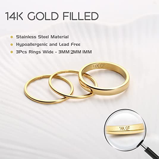 Jstyle 14K Gold Filled Rings Stacking Rings for Women StackableThin Ring Plain Knuckle Thumb Statement Rings Midi Pinky Band Rings Comfort Fit 3PCS 3mm 9