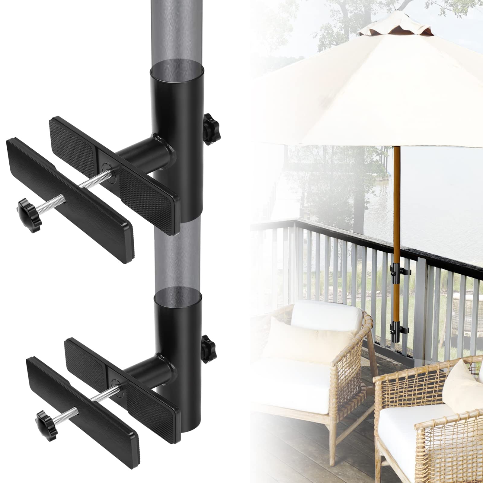 Magacyo Adjustable Patio Umbrella Holder - Outdoor Umbrella Base and Stand Metal Clamp for Fixed Deck Railing and Poles