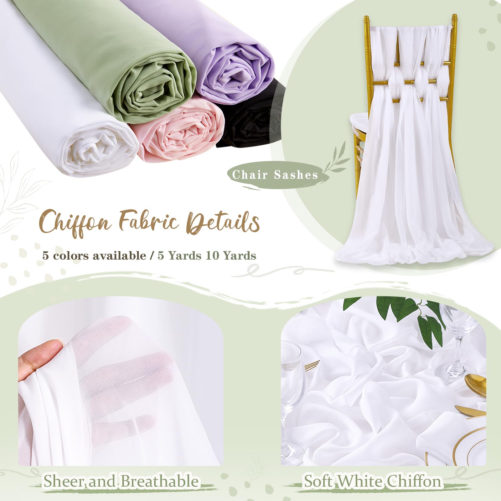 White Chiffon Fabric by The Yard 5 Yards 58" Wide Sheer Backdrop Panels Wedding Runner Rustic Bridal Baby Shower Tablecloth Decorations