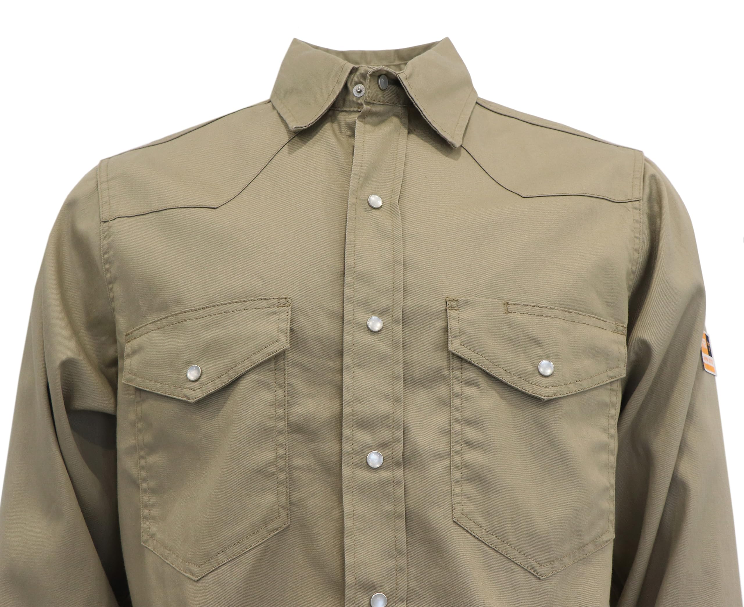 KONRECO FR Shirts for Men Long Sleeve Flame Resistant Pearl Snaps Cotton Men's Welding Shirts Khaki- Size L