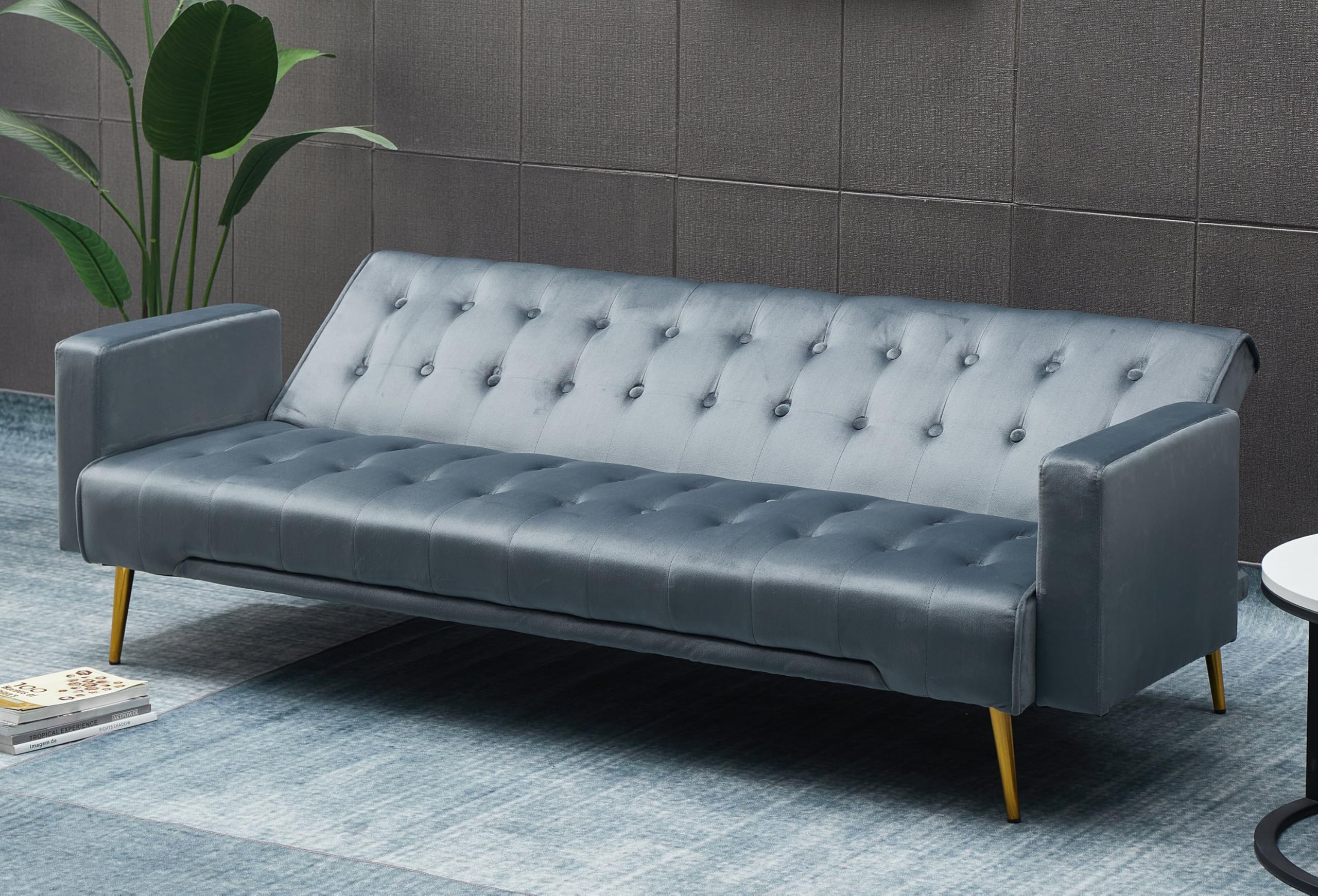 MODCART 75 Inch Velvet Futon Sofa Bed with Adjustable Back, Convertible Futon Couch, w/Tufted Buttoned Design & Metal Legs, Upholstered Slpper Bed for Home, Small Space Apartment