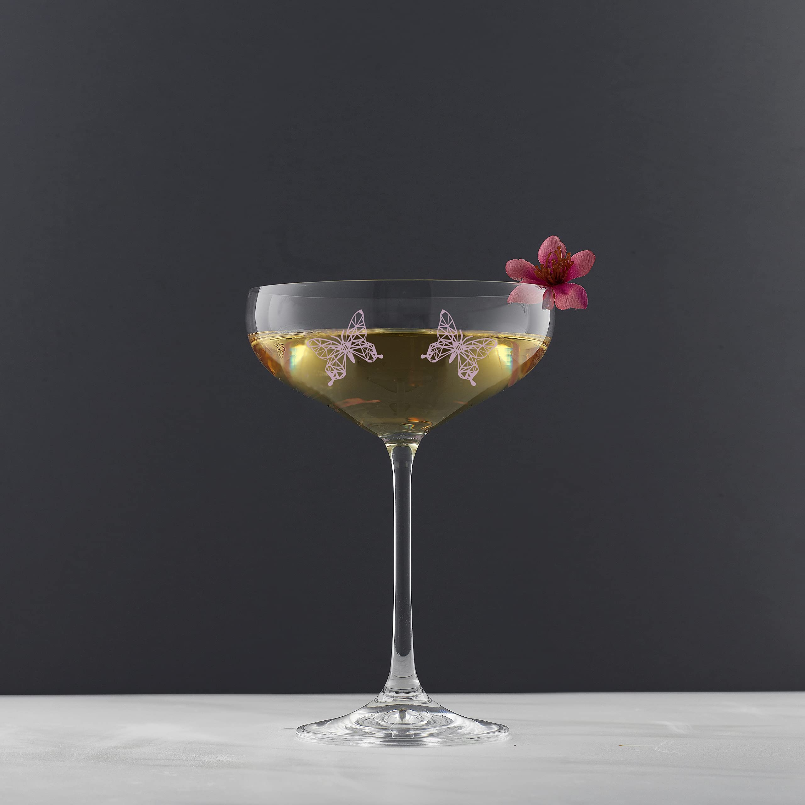 JoyJolt Meadow Butterfly Martini Glasses – 14oz Premium Crystal Martini Glasses Set of 2 – Exquisite Pink Butterfly Printing – Tall Manhattan Glasses for Cocktails, Martini, Drinks – Made in Europe