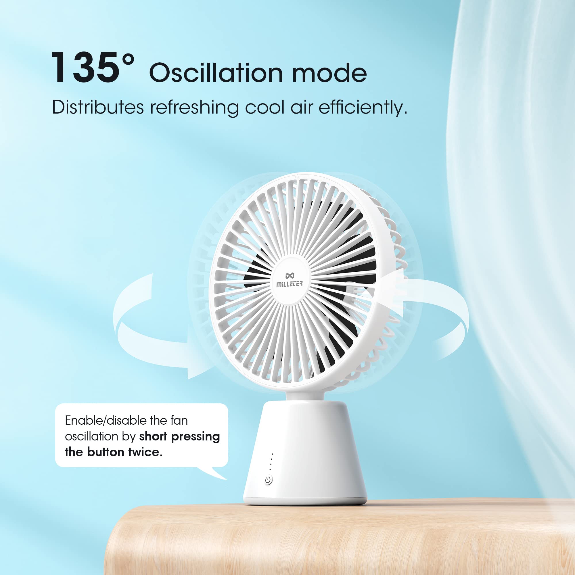 MILLETER USB Desk Fan, 3000mAh Rechargeable Oscillating Table Fan, 6.7 Inch Portable Desktop Fan with 3 Speeds Strong Airflow, Quiet Small Personal Fan for Home, Office, Dorm, Camping