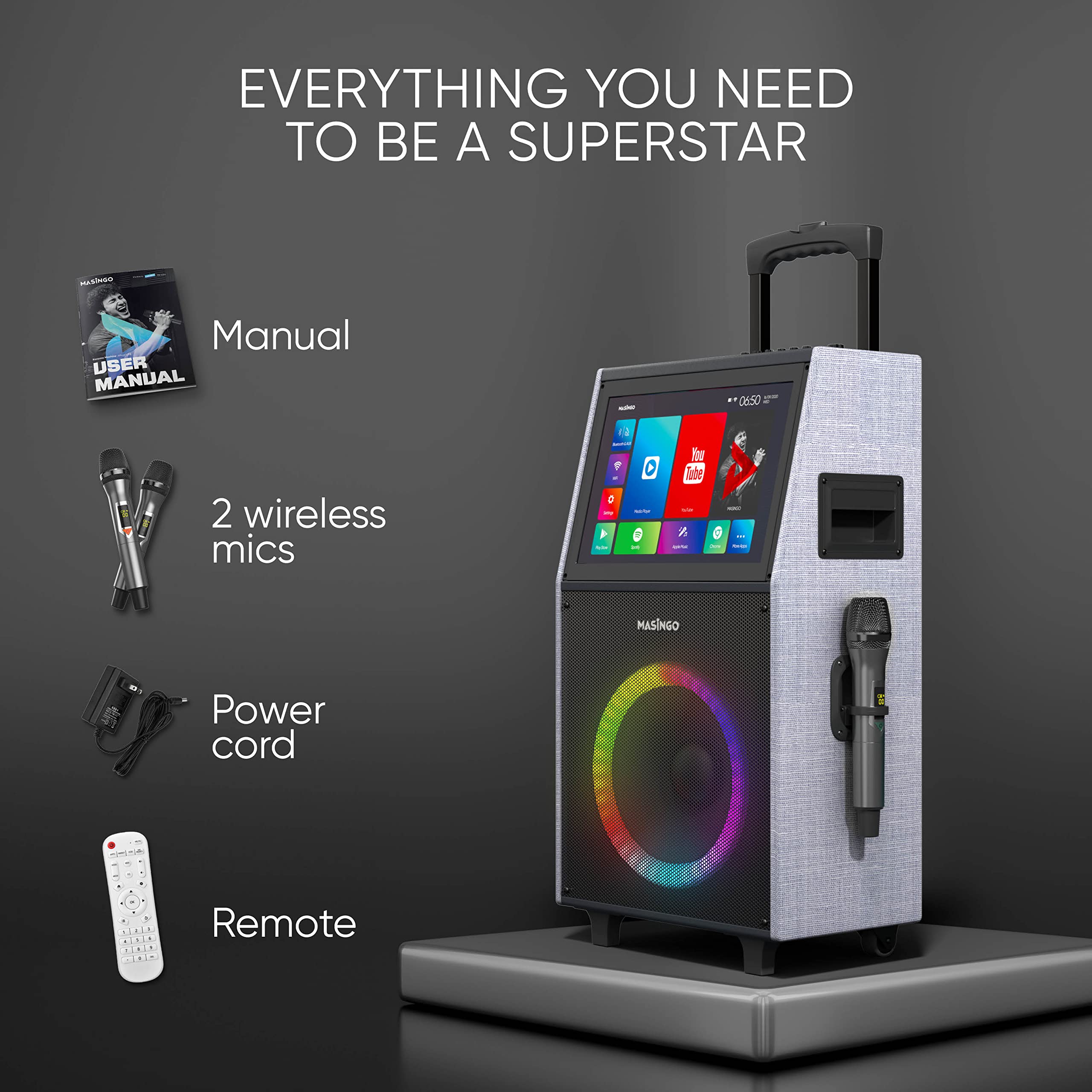 MASINGO 2022 Professional Karaoke Machine with Lyrics Display Screen - Bluetooth Portable PA Speaker System with WiFi, Built-in 15" Tablet, LED Lights + 2 Wireless Microphones (Renewed)