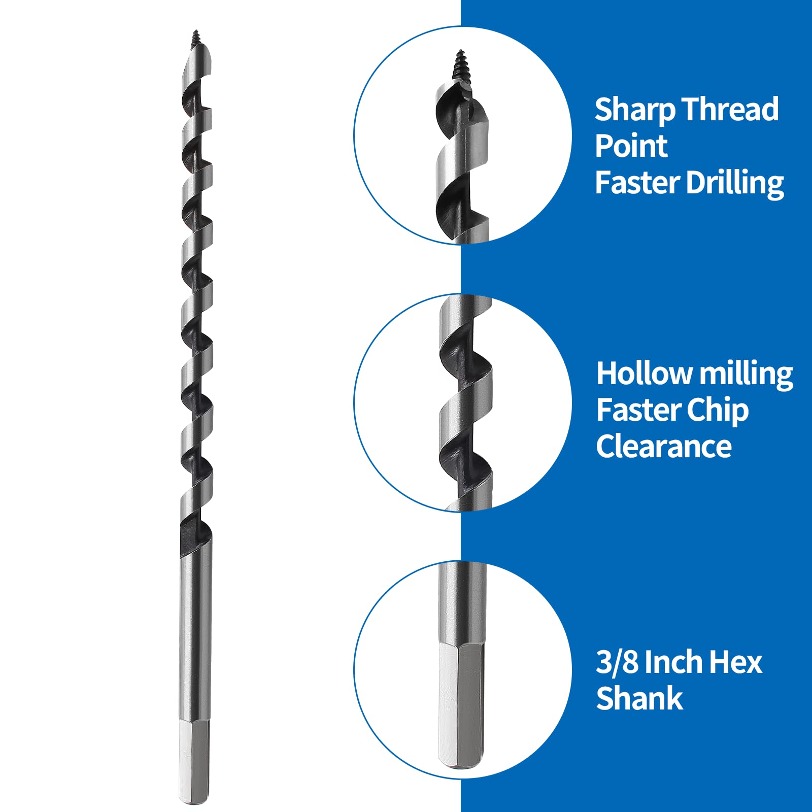 Litoexpe 1/2 Inch x 12 Inch Auger Drill Bit, 3/8-Inch Hex Shank Ship Auger Long Drill Bit for Wood, Plastic, Drywall and Composite Materials