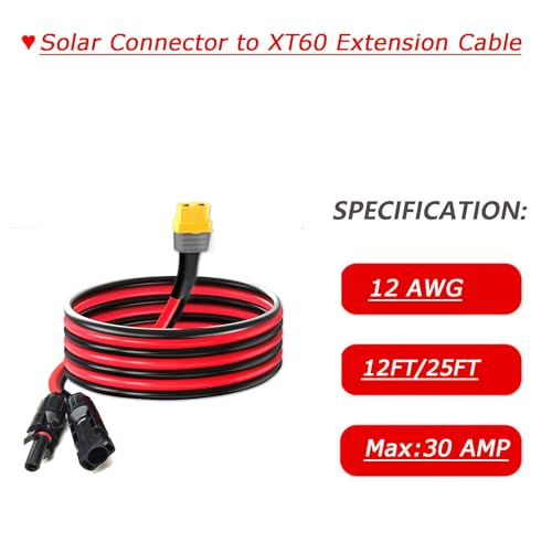 Magiktech Solar to XT60 Charge Extension Cable 12AWG Solar Connector to XT60 Adapter Cable for XT60 Input Port Portable Power Station & Solar Generator (12AWG 12FT)