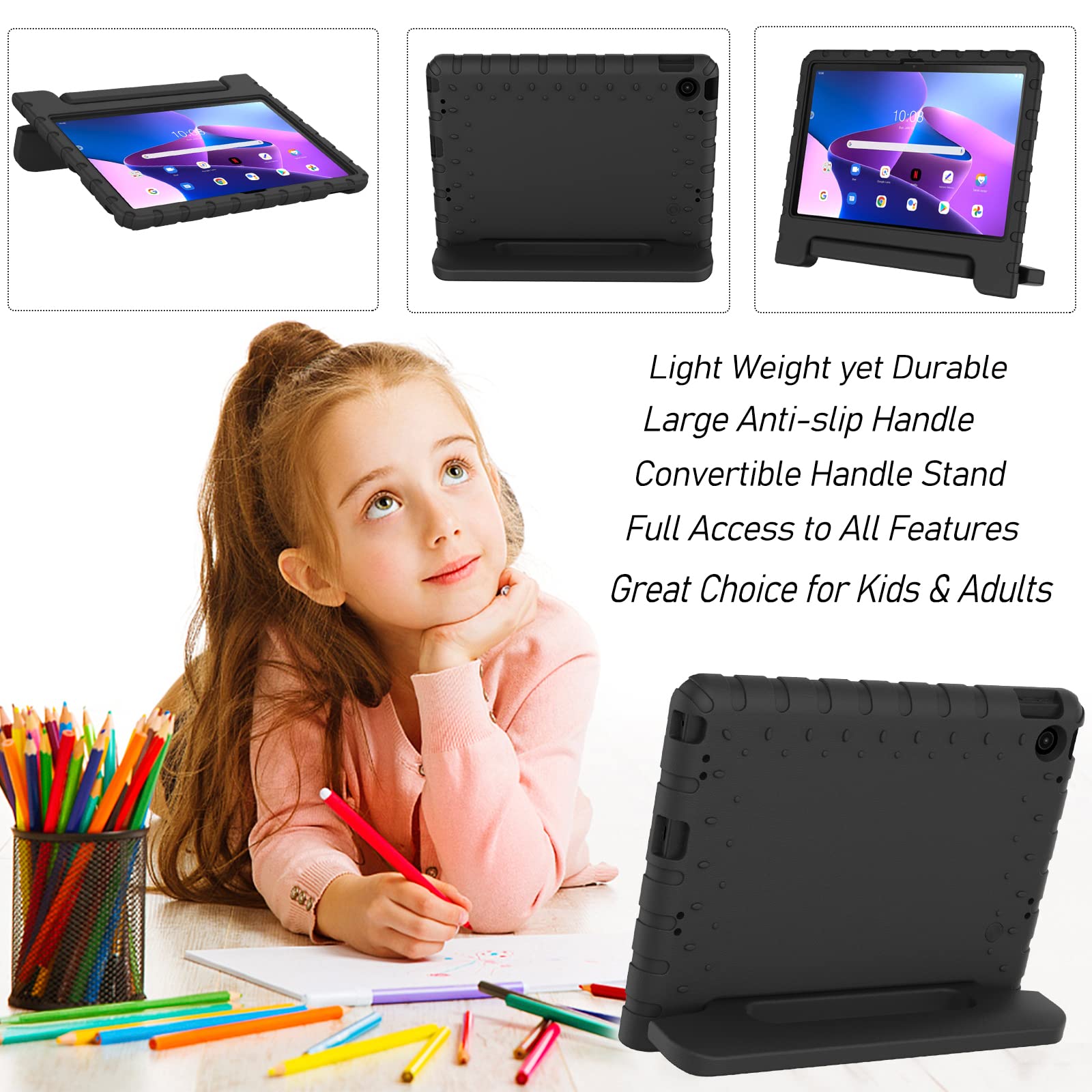 LTROP Kids Case for Lenovo Tab M10 Plus (3rd Gen) 10.6 Inch 2022, Lenovo Tab M10 Plus 3rd Generation 10.6" Tablet Case, Light Weight Shockproof Handle Stand Case for Lenovo Tab M10 Plus Gen 3, Black