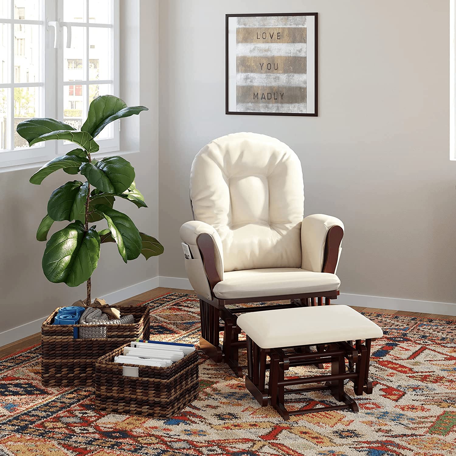 LBONG Premium Ring Glider (Cherry Base, Beige Cushion) - Padded Cushion with Storage Pocket, Smooth Rocking Motion, Easy to Assemble, Solid Hardwood Base (Cherry/Beige)