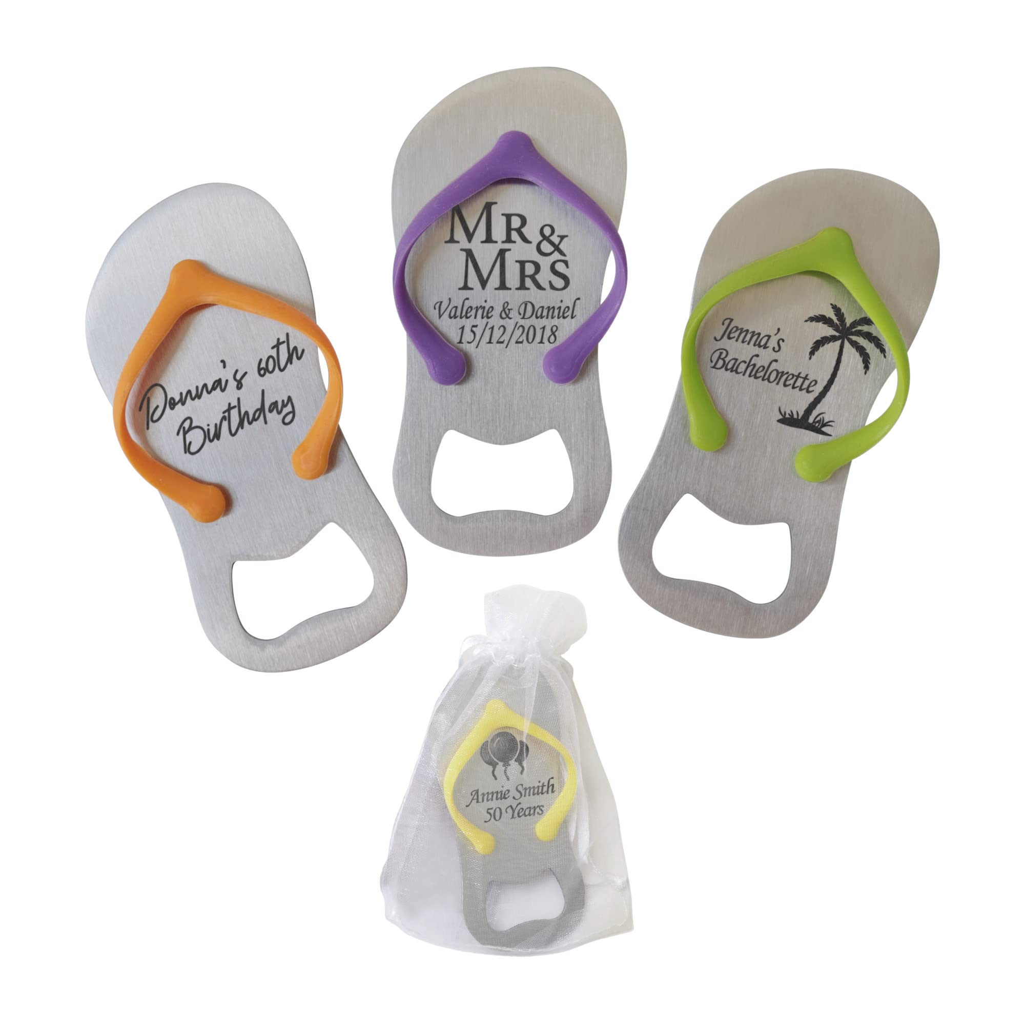 Lot of 3-6-8-12-24 Custom flip flop bottle opener set, personalized party favors, beach customized wedding guest gifts, pool summer birthday favor