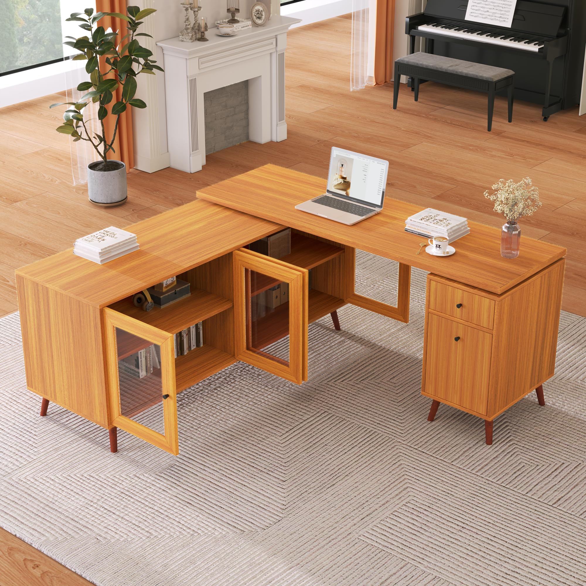 Pajadar L-Shaped Desk 66.5", Modern Executive Table with Delicate Tempered Glass Cabinet Storage, Teak Desk with Drawers, Long Desk for Modern Home Office