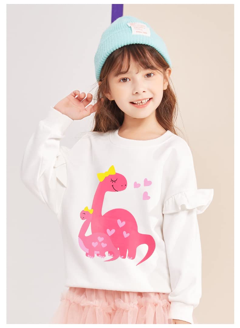 Little Hand Toddler Girls Shirts Dinosaur Heart Shirts Long Sleeve Ruffle Toddler Pullover White Sweatshirt 5t