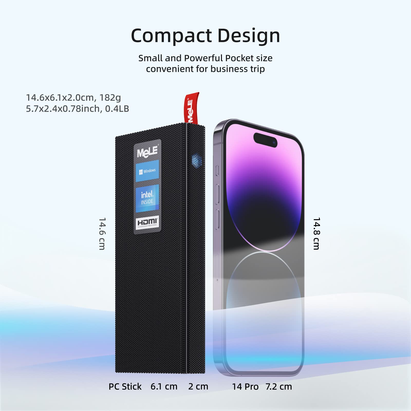 MeLE N5105 Fanless Mini PC Stick PCG02 Pro, 8GB 128GB Mini Computer Stick Windows 11 Pro, Dual HDMI 4K, Wi-Fi 6, Gigabit Ethernet, BT 5.2, USB 3.2 * 2, USB-C Micro PC with VESA Mount