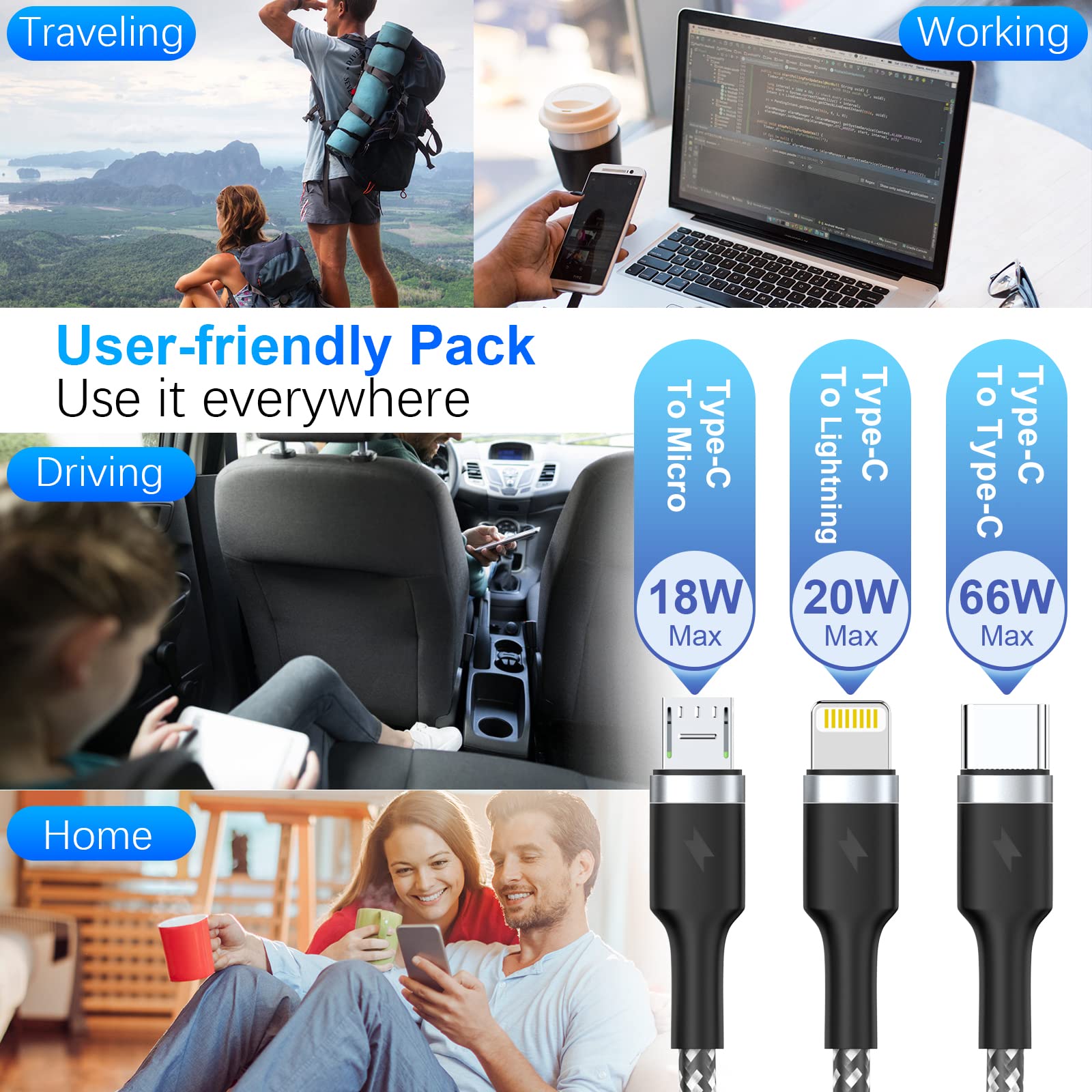 MTAKYI 100W USB C Multi Fast Charging Cable 6FT 6A PD 66W 2-in-3 Universal Quick Charging Cable, Multi Charger Cable with MFI iPhone/Type C/Micro Connectors Fast Sync Charger Adapter for Laptop/Phone