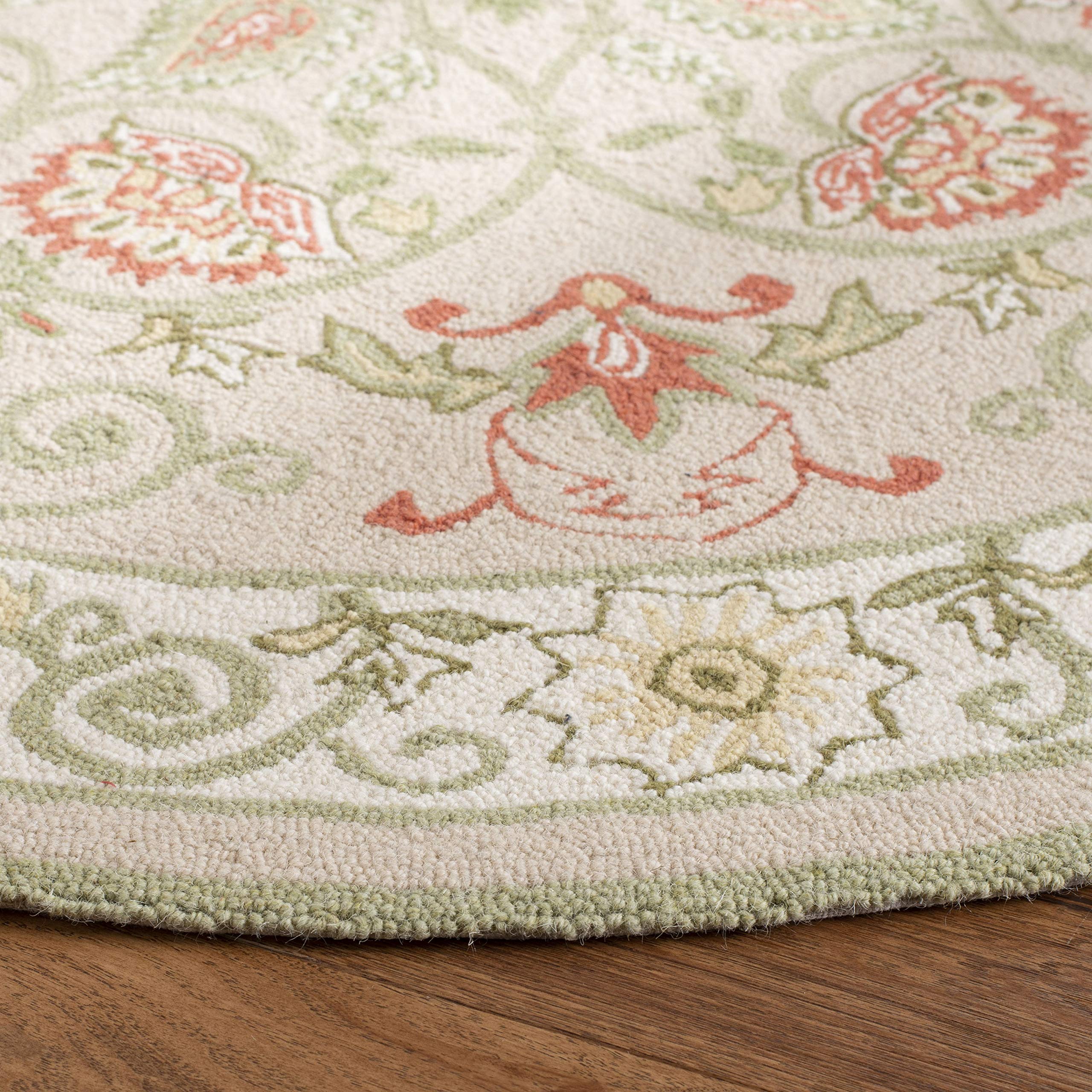 SAFAVIEH Chelsea Collection 4' Round Beige / Green HK330A Hand-Hooked French Country Wool Area Rug