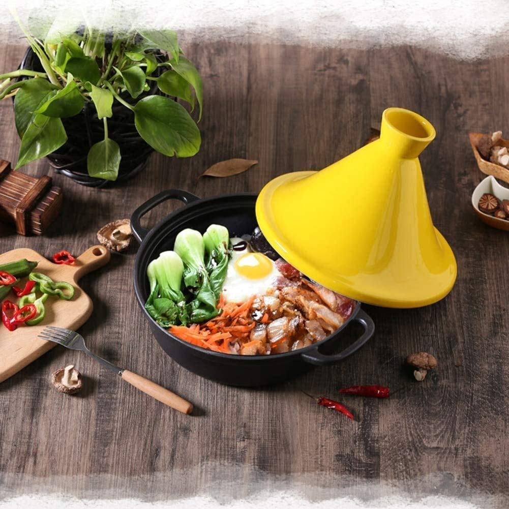 JINXIU Casserole Cast Iron Tagine Pot 20Cm, Tajine Cooking Pot with Enameled Cast Iron Base and Cone-Shaped Lid Lead Free Stew Casserole Slow Cooker,Yellow