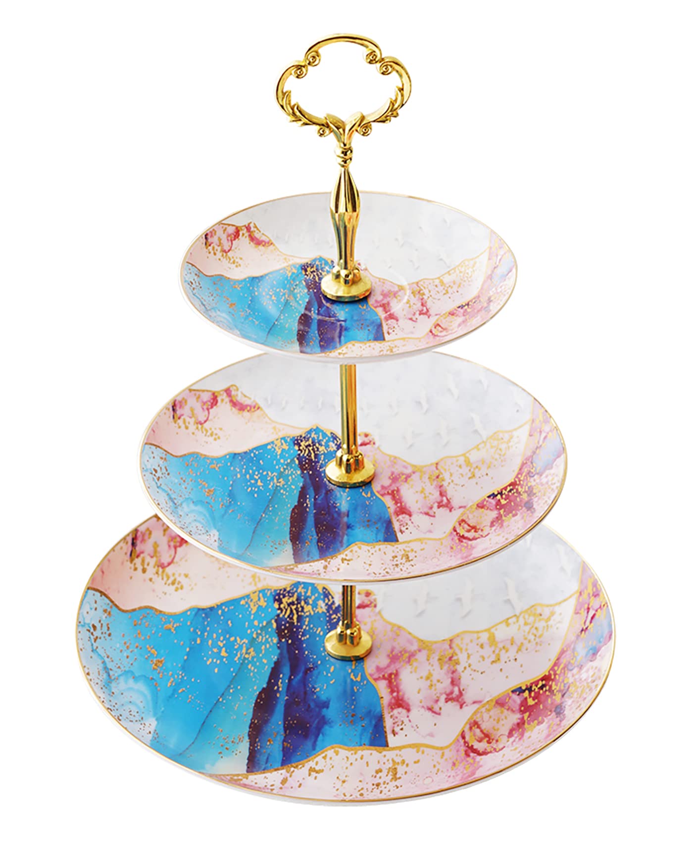 Jusalpha Fine China Rainbow Galaxy Series 3-tier Cake Stand- Cupcake Stand- Tea Party Pastry Serving Platter in Gift Box and a Free Sugar Tong (Rainbow Galaxy 3T)