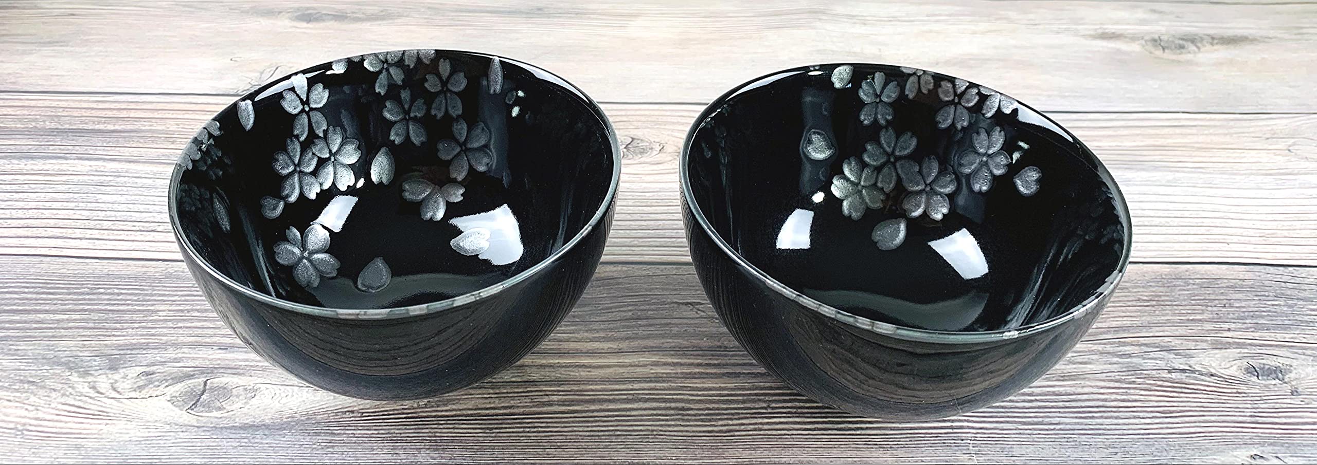 JapanBargain 4690, Japanese Porcelain Rice Bowls Gift Set,Cherry Blossom Sakura Pattern Miso Soup Bowls, Black and Silver Color, Set of 5, Made in Japan