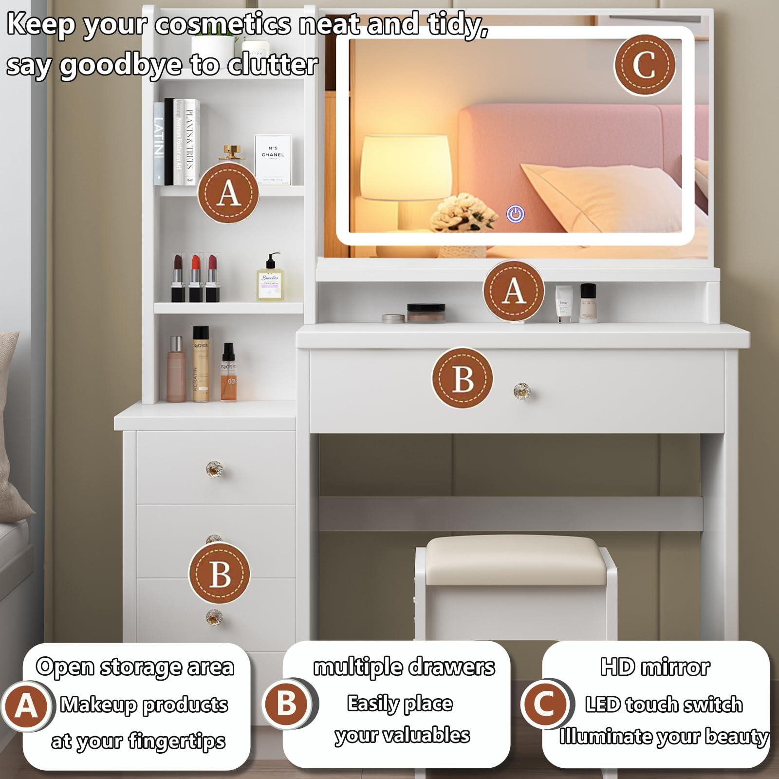 MONGMON Makeup Vanity, Vanity Desk with Mirror and Lights, Makeup Vanity Set 5 Drawers, Stool and Open Shelves,Vanity Mirror 3 Color Lighting Modes Adjustable, White