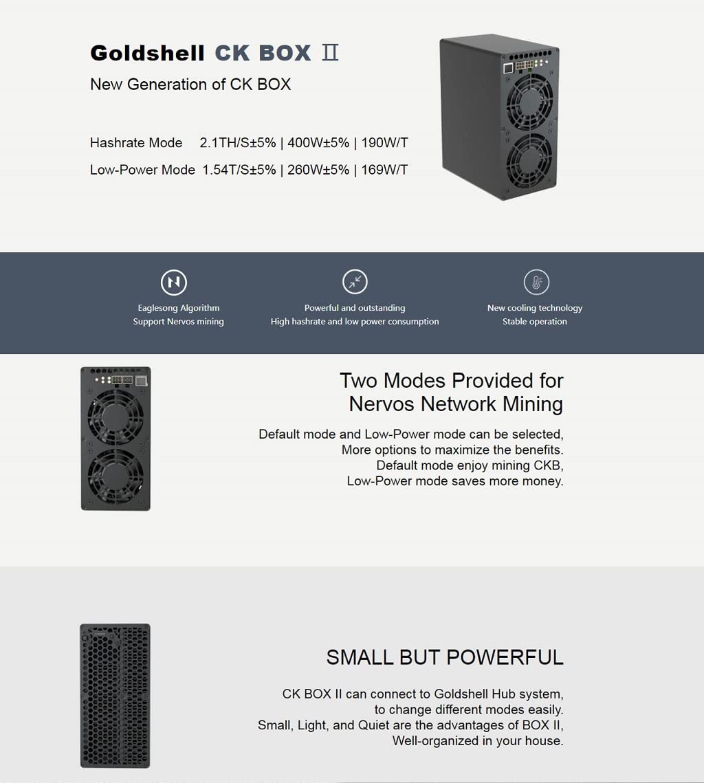 New Goldshell CK Box II Nervos CKB ASIC Miner Dual Mode 2.1TH/s 400W or 1.54TH/s 260W without PSU