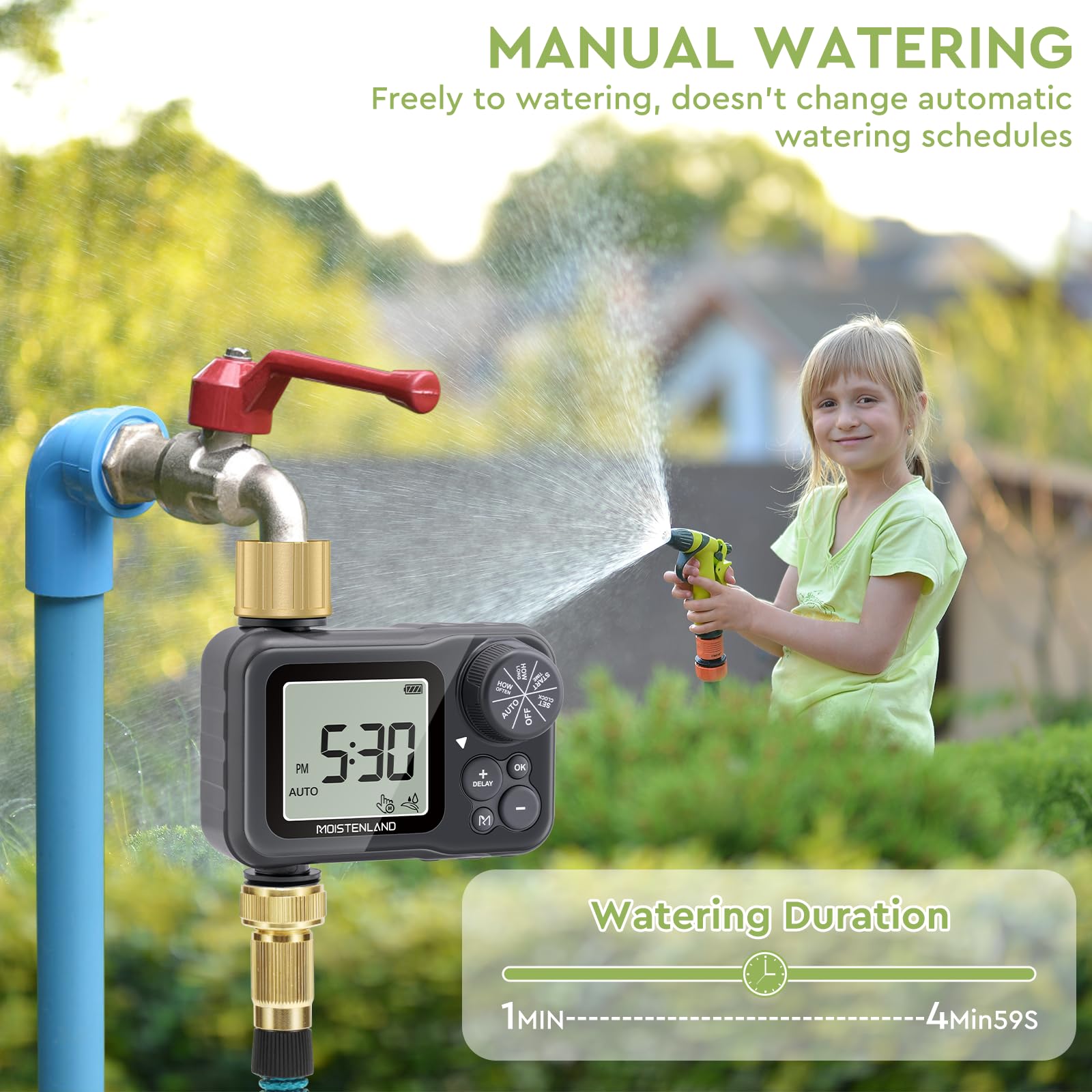 Moistenland Sprinkler Timer with Brass Swivel, Water Timer for Garden Hose, Hose Timer, with Rain Delay/Manual/Automatic Watering System, IP54 Waterproof, 2.6 Inches Large Screen(1 Outlet)