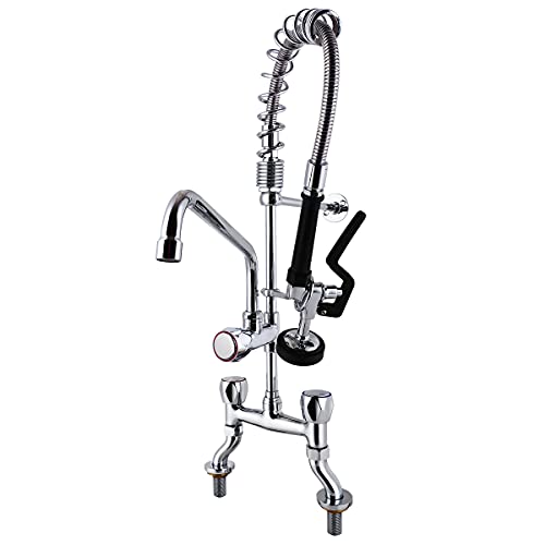 MS Commercial Kitchen Sink Faucet with Sprayer 4-8 Inch Adjustable Center Deck Mount 25'' Height Brass Pre Rinse Unit with Spray Valve and 8 inch Add on Spout Fit for Restaurant Hotel Laundry Sink