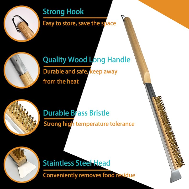 InterMaka 21 Inch Pizza Oven Brush with Scraper, Long Handle Pizza Stone Brush, Grill Cleaning Brush, Outdoor Pizza Oven Accessories with Wood Handle & Brass Bristles