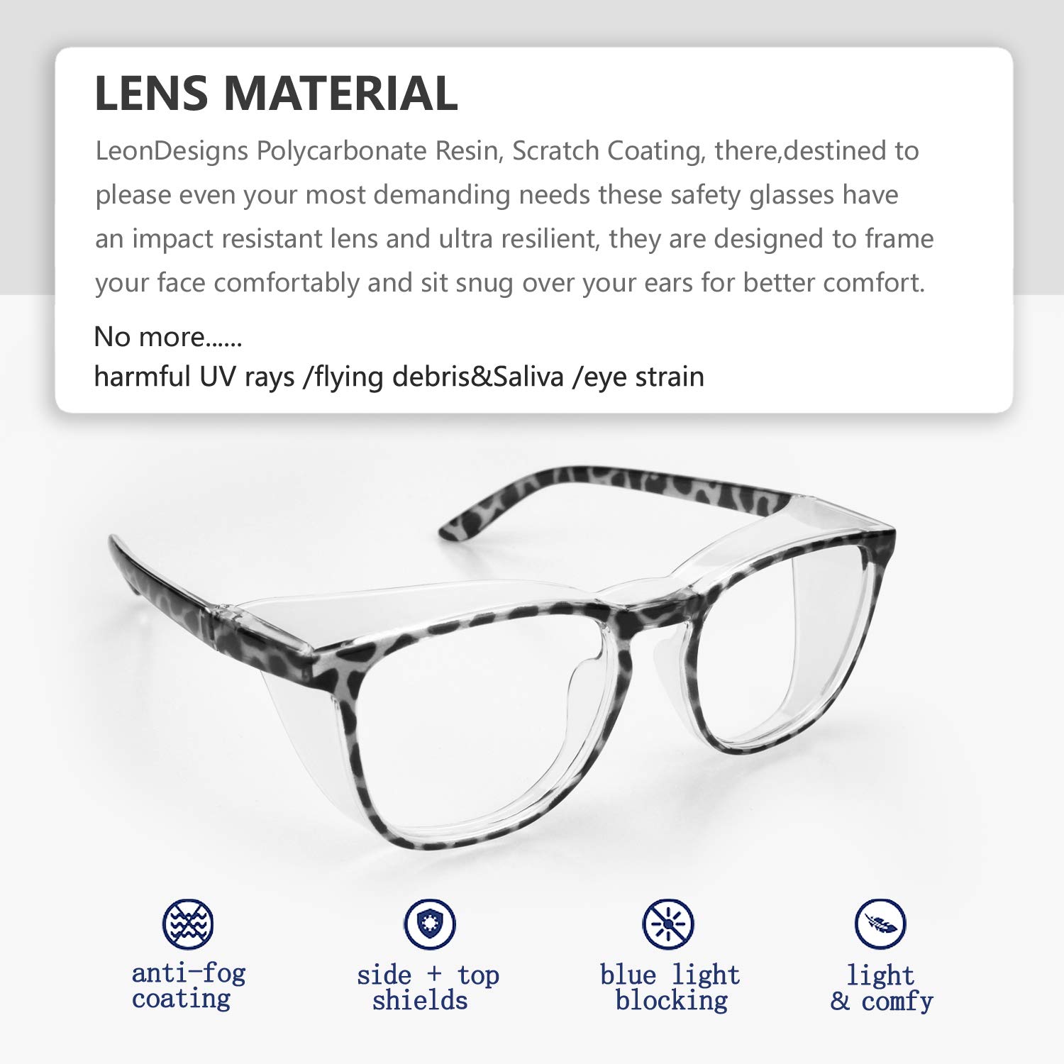 LeonDesigns Safety Glasses Anti-Fog Goggles Z87.1 Blue Light Blocking Anti-Dust UV Protection Glasses For Men Women