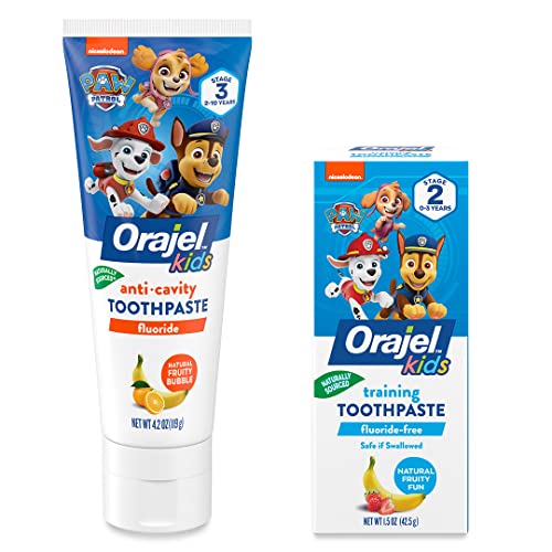 Orajel Kids Paw Patrol Fluoride-Free Training Toothpaste, Fluoride-Free Toothpaste, 1.5oz Tube with Orajel Kids Paw Patrol Anti-Cavity Fluoride Toothpaste, Natural Fruity Bubble Flavor, 4.2oz Tube