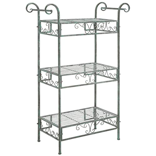 SAFAVIEH Outdoor Collection Noreen Victorian Scroll Antique Dark Green Wrought Iron 3-Tier Shelf