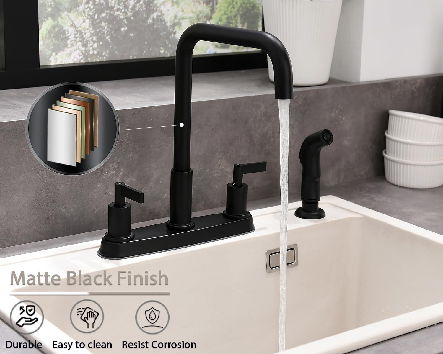 Kitchen Faucet with Sprayer, Black Kitchen Faucet, Matte Black Kitchen Sink Faucet, Stainless Steel Kitchen Sink Faucet with Side Sprayer, 3 or 4 Hole RV Utility Laundry Kitchen Faucets KMF028B