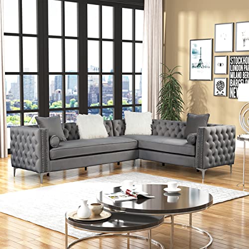 Morden Fort Tufted Velvet Couch Sectional Sofa Couches Mid Century Modern L-Shape Corner Sofa Set for Living Room, Bedroom, Office, Apartment