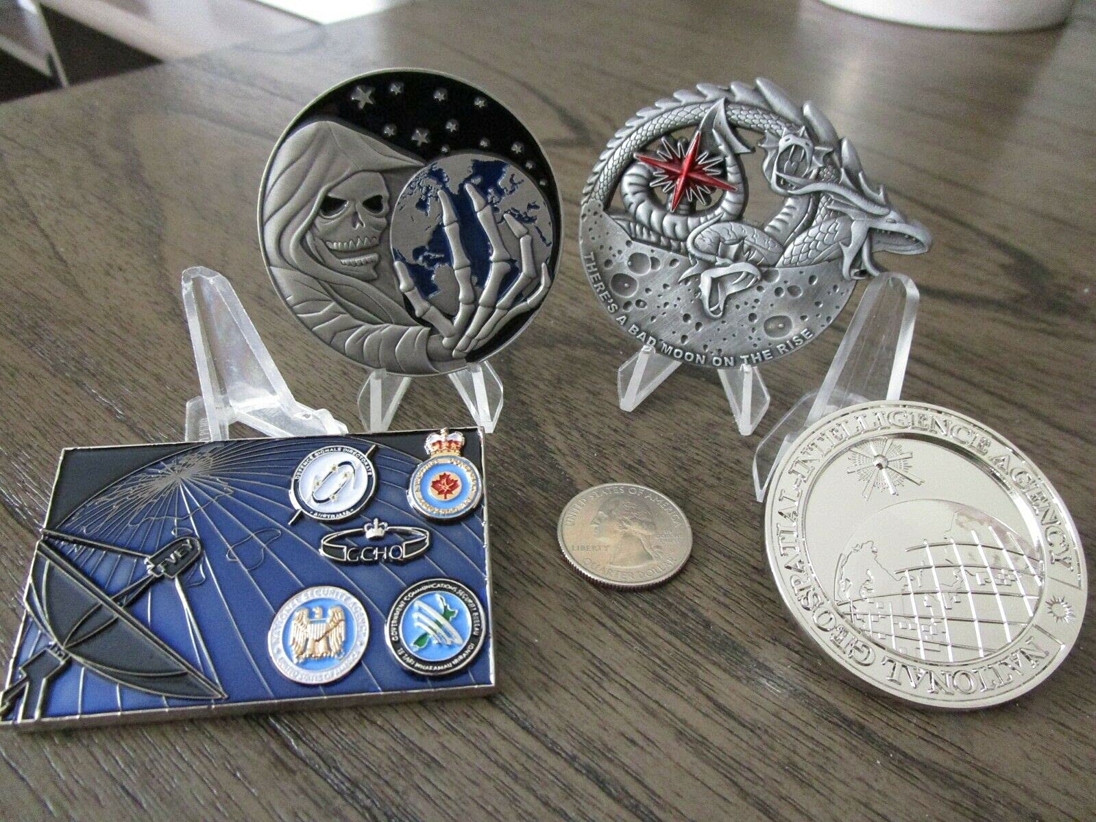 Lot of 4 Intelligence Challenge Coins NGA NSA Five Eyes Intelligence Community Reaper CIA Cyber Command