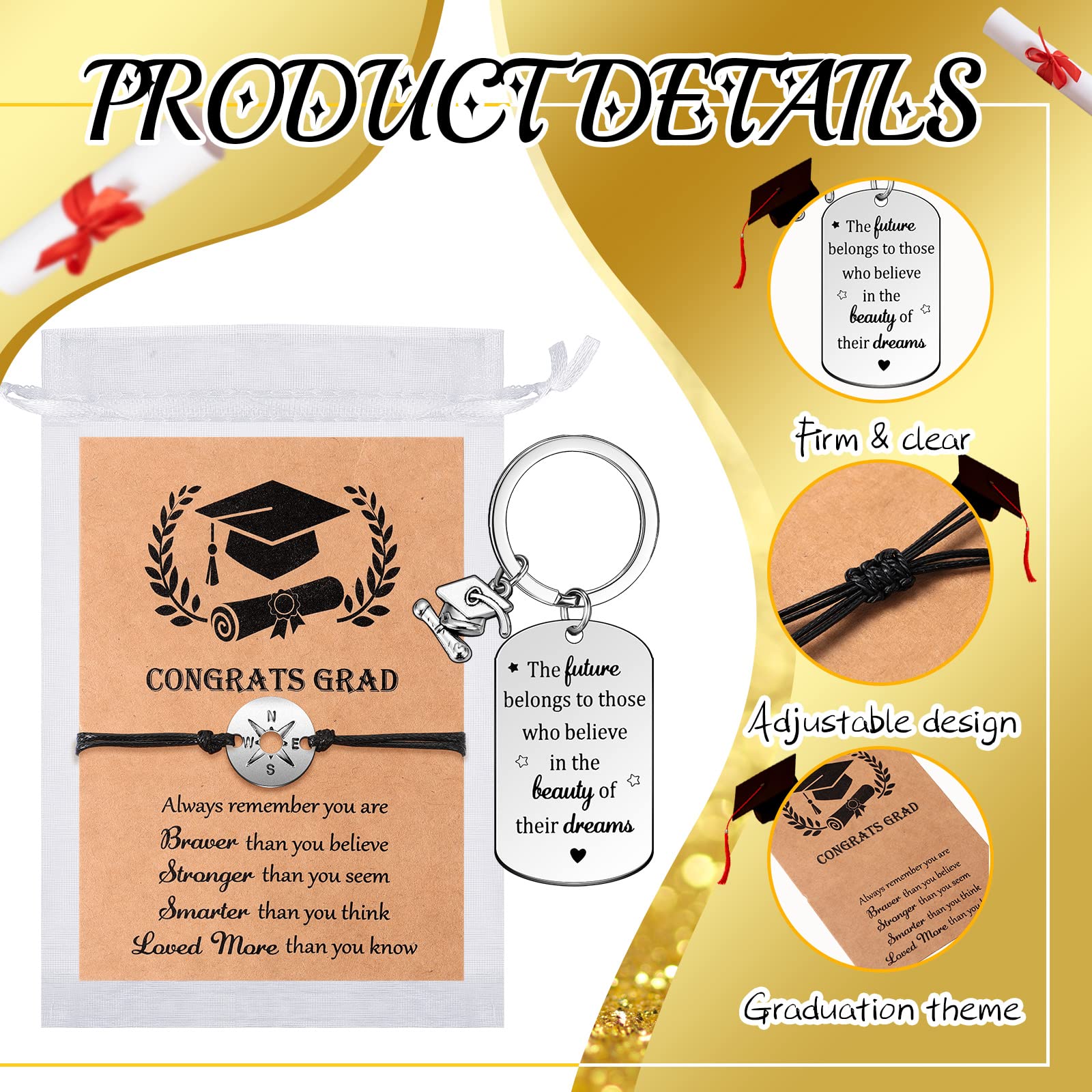 Junkin 20 Pack Graduation Bracelet Gift for Her Him Graduation Keychain Class of 2024 Student Compass Bracelet College School(Congrats Grad)