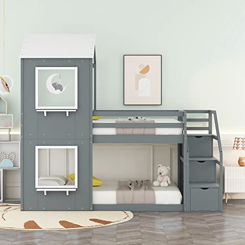 LOVMOR Twin Over Twin Bunk Bed with Storage Stairs,Wood Bed with Roof, Window, Guardrail, Ladder,Gray+White