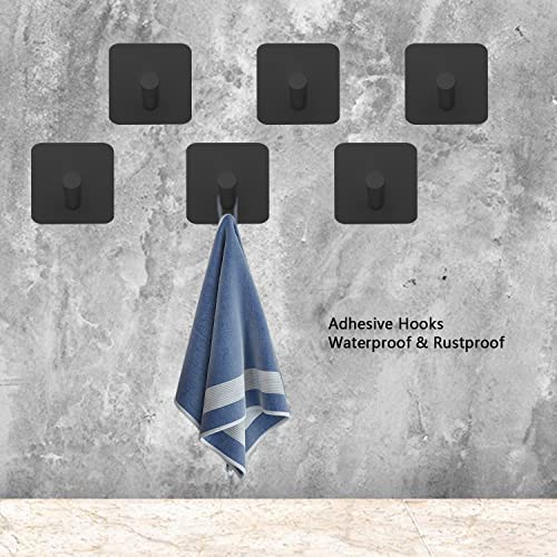PMMASTO Adhesive Hooks Shower Heavy Duty Waterproof Aluminum Sticky Hooks for Hanging Hat Towel Coat Robe - Bathroom, Bedroom, RV & Kitchen - 6 PC(Black)