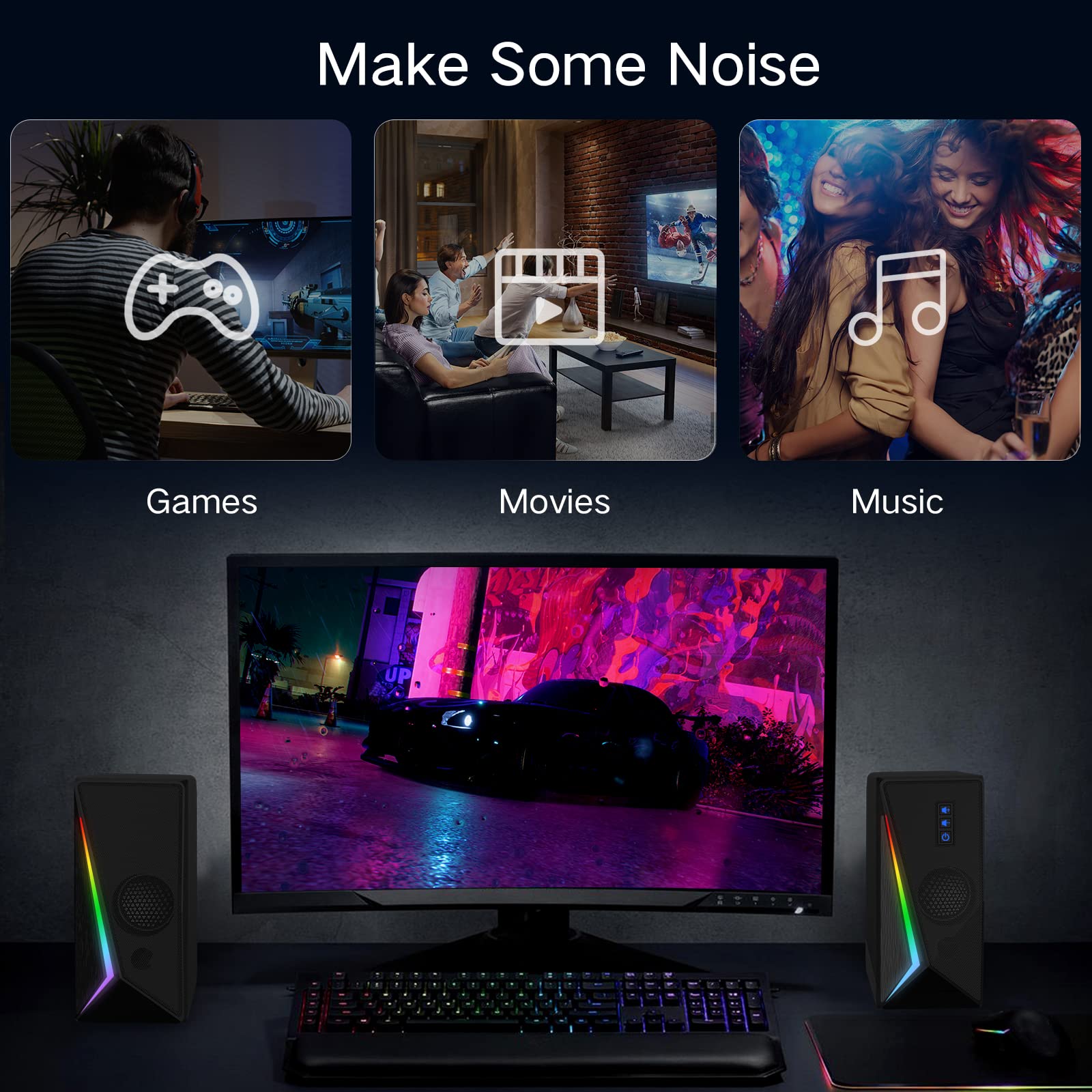 LLEVTIC Computer Speakers, 2.0 Channels Enhanced Stereo RGB PC Speakers with 6 Colorful Mode, USB Powered Desktop Speakers for PC/Laptop/Monitor, 3.5mm AUX Gaming Speakers