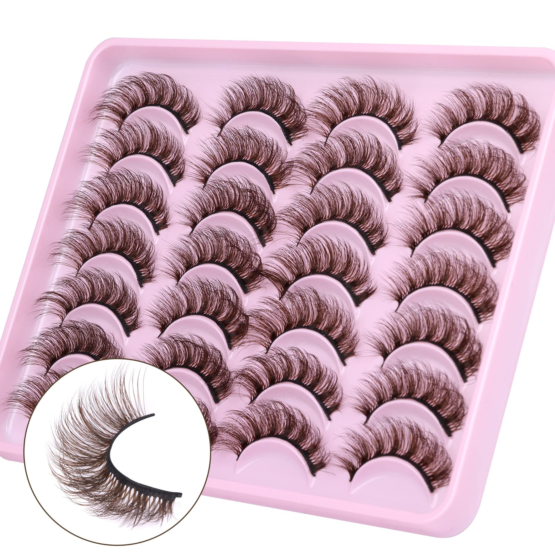 Newcally Brown Natural Lashes Wispy False Eyelashes 3D Colored Eyelashes Fluffy Cat Eye Lashes Mink Faux Curl Fake Lashes 14 Pairs Pack