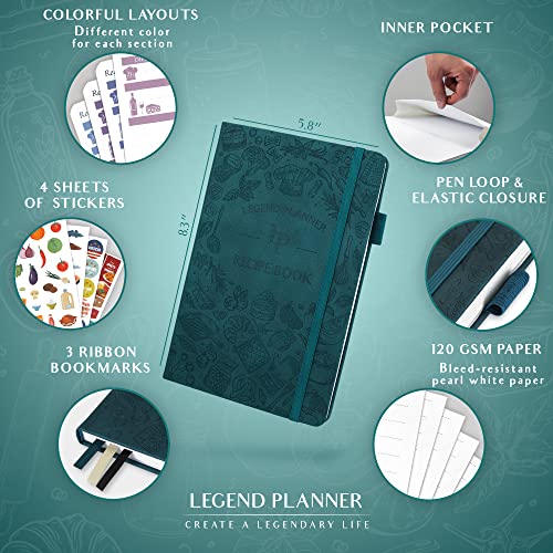 Legend Recipe Book โ Blank Family Cookbook to Write In Your Own Recipes โ Empty Cooking Journal โ Personalized Cooking Notebook, Hardcover, A5, 58 Recipes In Total (Dark Teal)