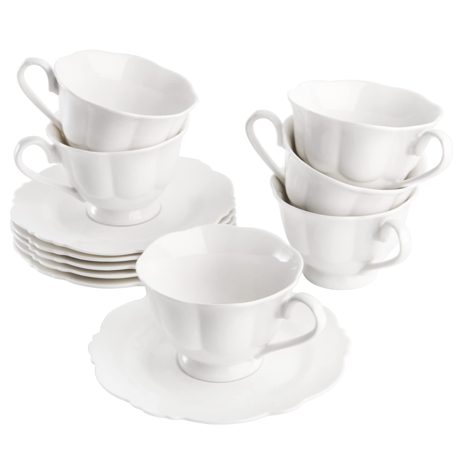 Jucoan Set of 6 Porcelain Tea Cups and Saucers, Bone China Tea Cup Set, 6 oz White Porcelain Tea Set, Coffee Cups, Espresso Cups for Latte Tea, British Tea Cups Gifts for Wedding Birthday