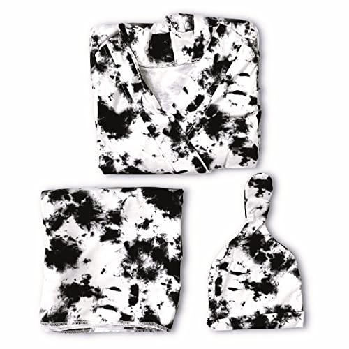 Maternity Robe and Matching Baby Set 3 in 1 - Mom Loungewear with Pockets, Swaddle Blanket, Hat White & Black (L/XL 8-16)