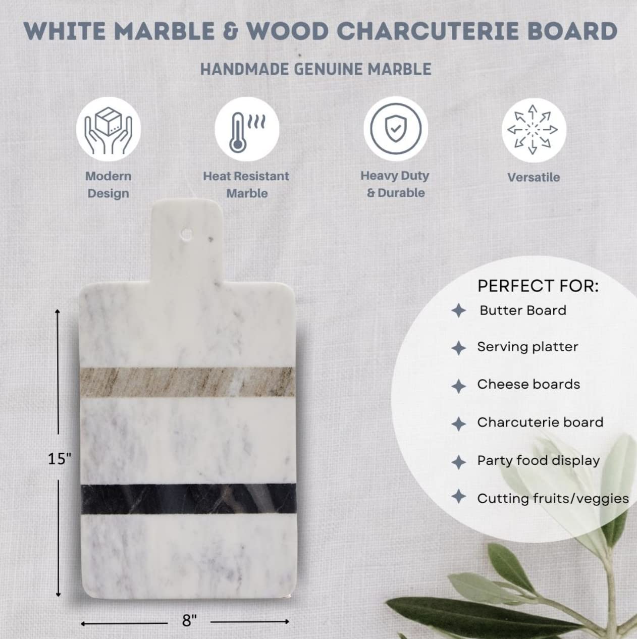 Lexi Home Marble Collection 15 in. Rectangle Charcuterie Board - Stripes