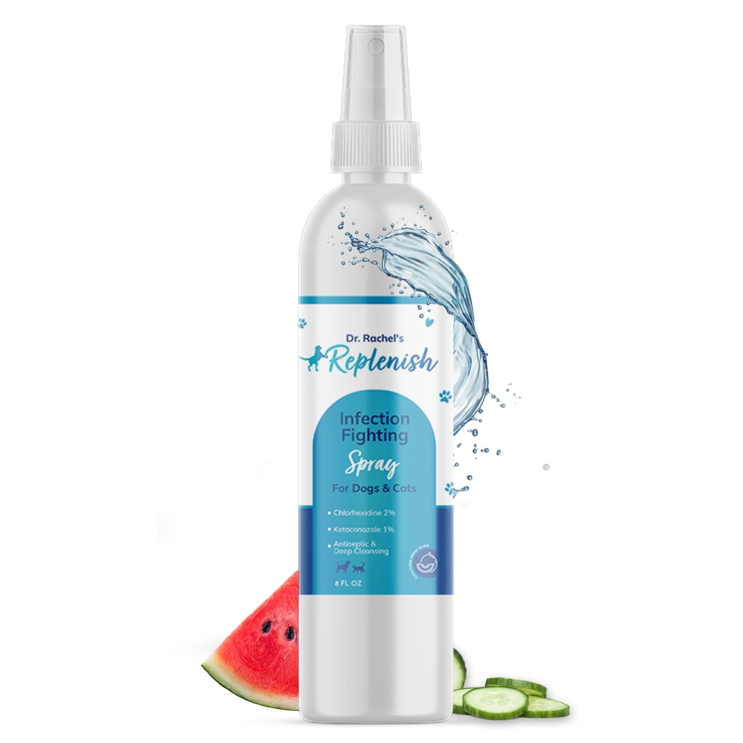 Replenish Skin Soothing Spray for Pets - Hot Spot Spray Treatment for Dogs - Dr. Rachel's Chlorhexidine, Ketoconazole, and Aloe Vera Formula for Dermatological Care in Dogs, Cats, and Horses - 8 oz