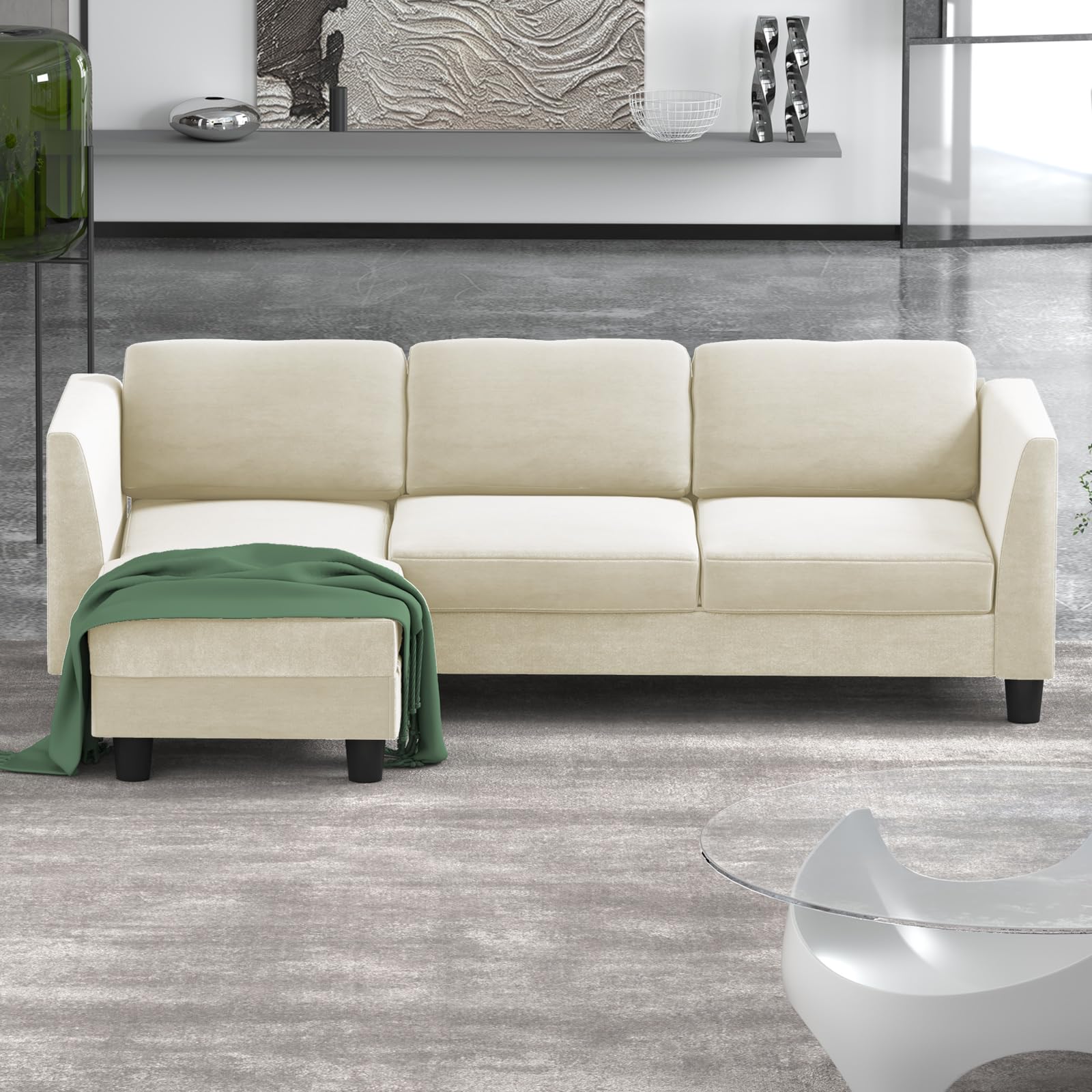 MUZZ 87'' Modern L-Shaped Sofa,Velvet Oversize Sectional Sofa with High-Density Sponge,Sectional Couch Sofa with Reversible Chaise for Couches for Living Room, Apartment,Beige