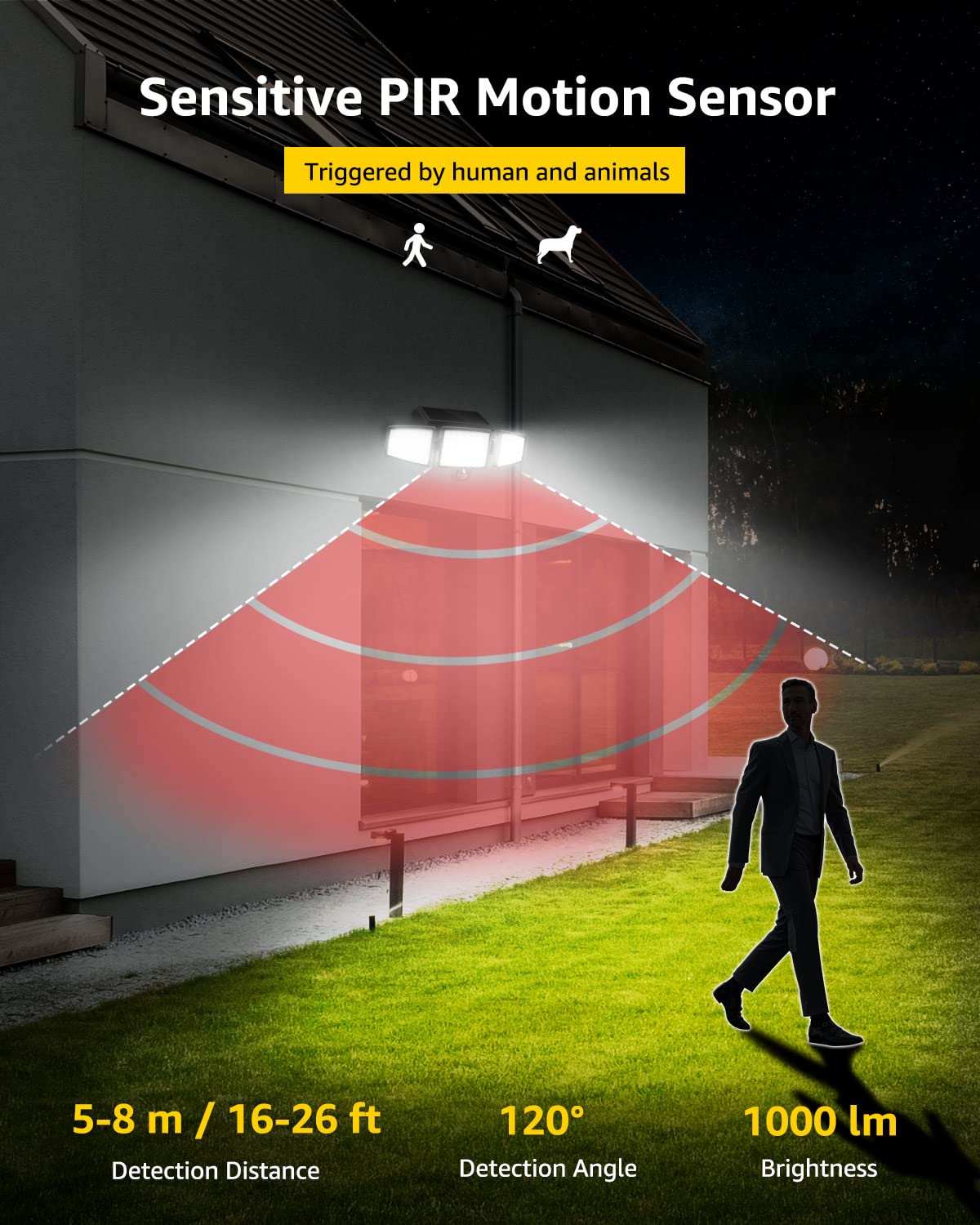LE Solar Lights for Outside, Motion Sensor Outdoor Lights, WL4000 High Brightness, 3 Adjustable Heads 270° Wide Lighting Angle, IP65 Waterproof, Wireless Wall Lamp for Porch Yard Garage, 2 Packs