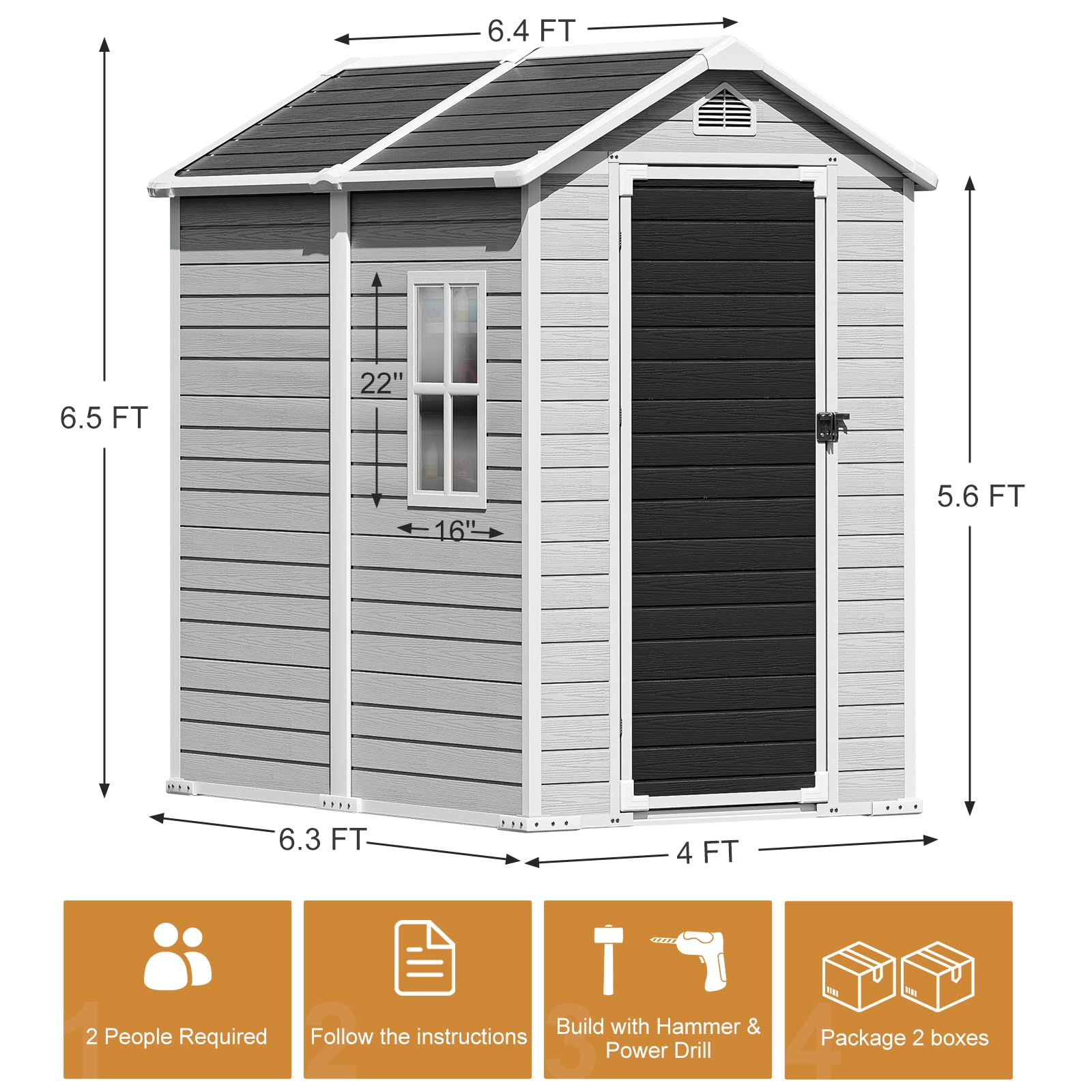 Outdoor Resin Storage Shed with Floor Window Lockable Door Included, 6x4 FT Plastic Sheds, Waterproof Outside Storage Sheds for Garden Backyard Patio Lawn Tools, Gray