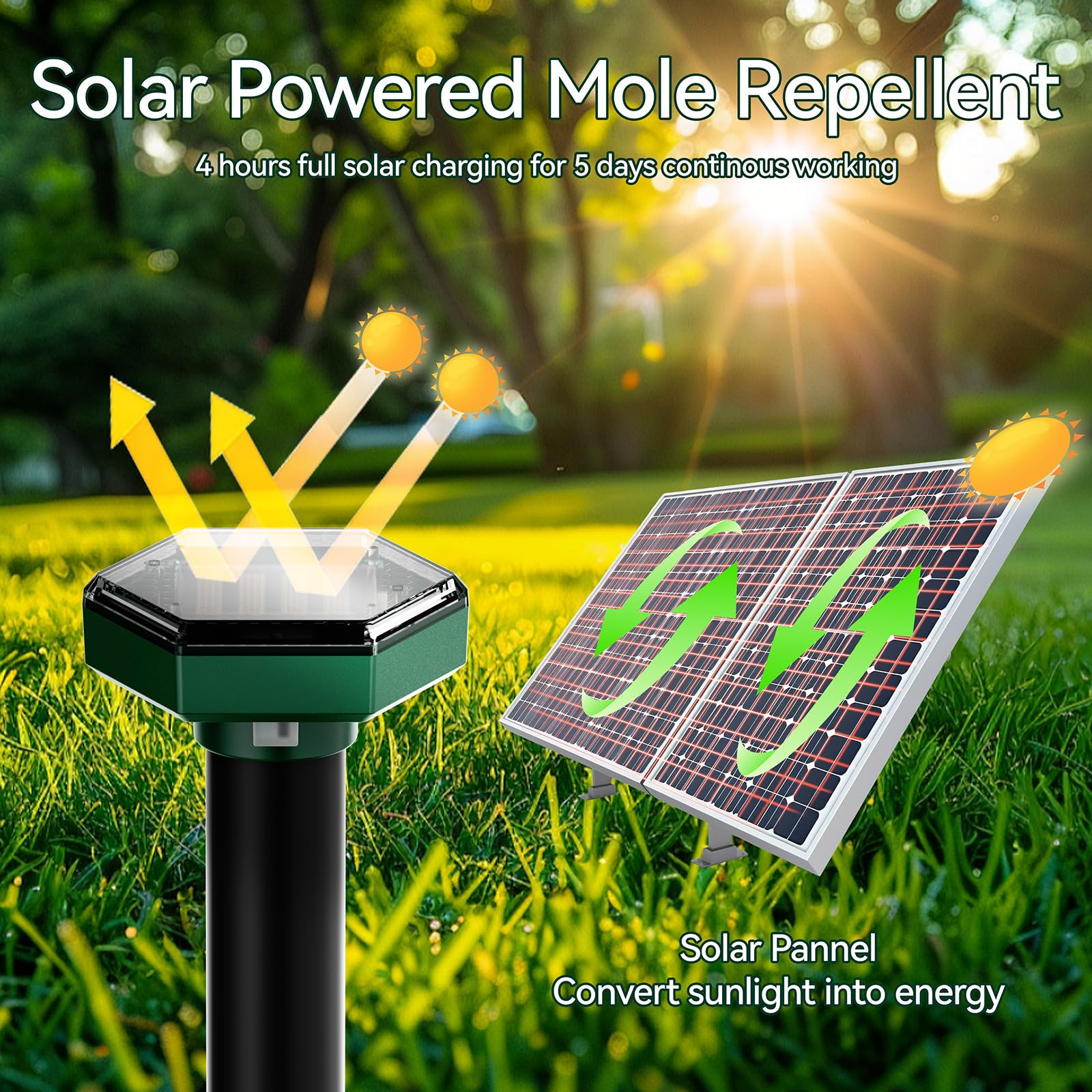 Mole Repellent Solar Powered 4 Pack buzzkick Solar Mole Repellent Ultrasonic Rodent Repeller,Vole Repellent Outdoor,Ultrasonic Pest Repeller for Yard