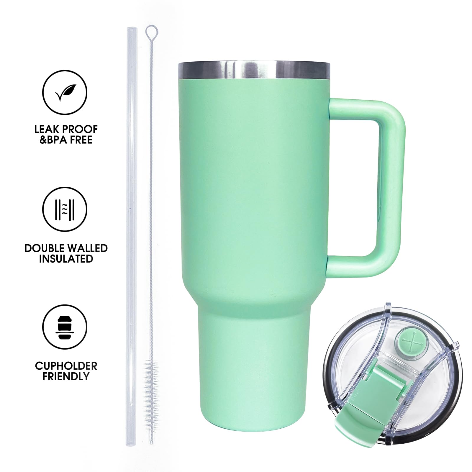 LXSJIUJIU 40 oz Tumbler with Handle and Straw Lid,Insulated Reusable Stainless Steel Water Bottle ,Cupholder Friendly Double Wall Vacuum Sealed Cup (Fluorescent Green