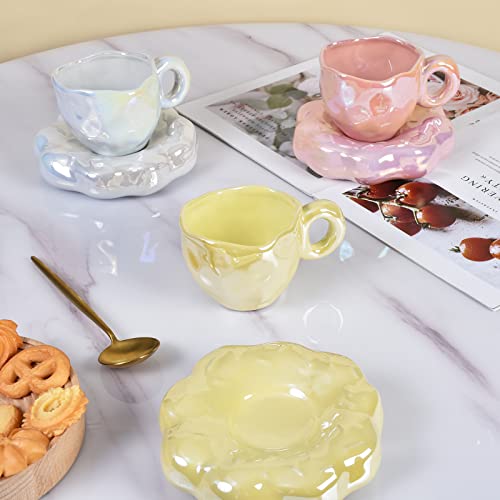 Koythin Ceramic Coffee Mug, Creative Cute Cream Sheen Cup with Sunflower Coaster for Office and Home, 6.5 oz/200 ml for Tea Latte Milk (Cream Pink)